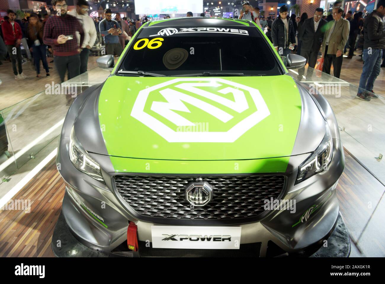 GREATER NOIDA, INDIA – FEBRUARY 7, 2020: Visitors check out the MG 6 XPower sports car on ...