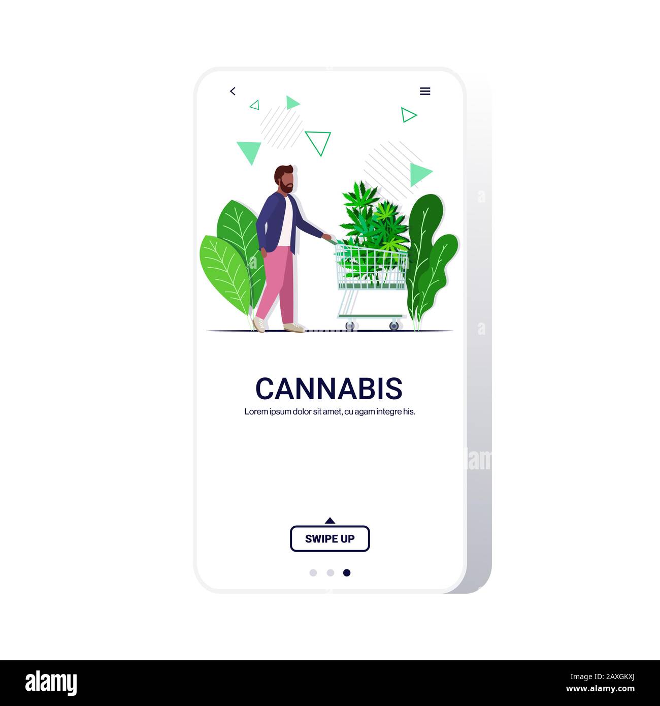 man pushing shopping cart with cannabis marijuana leaves hemp plant ...