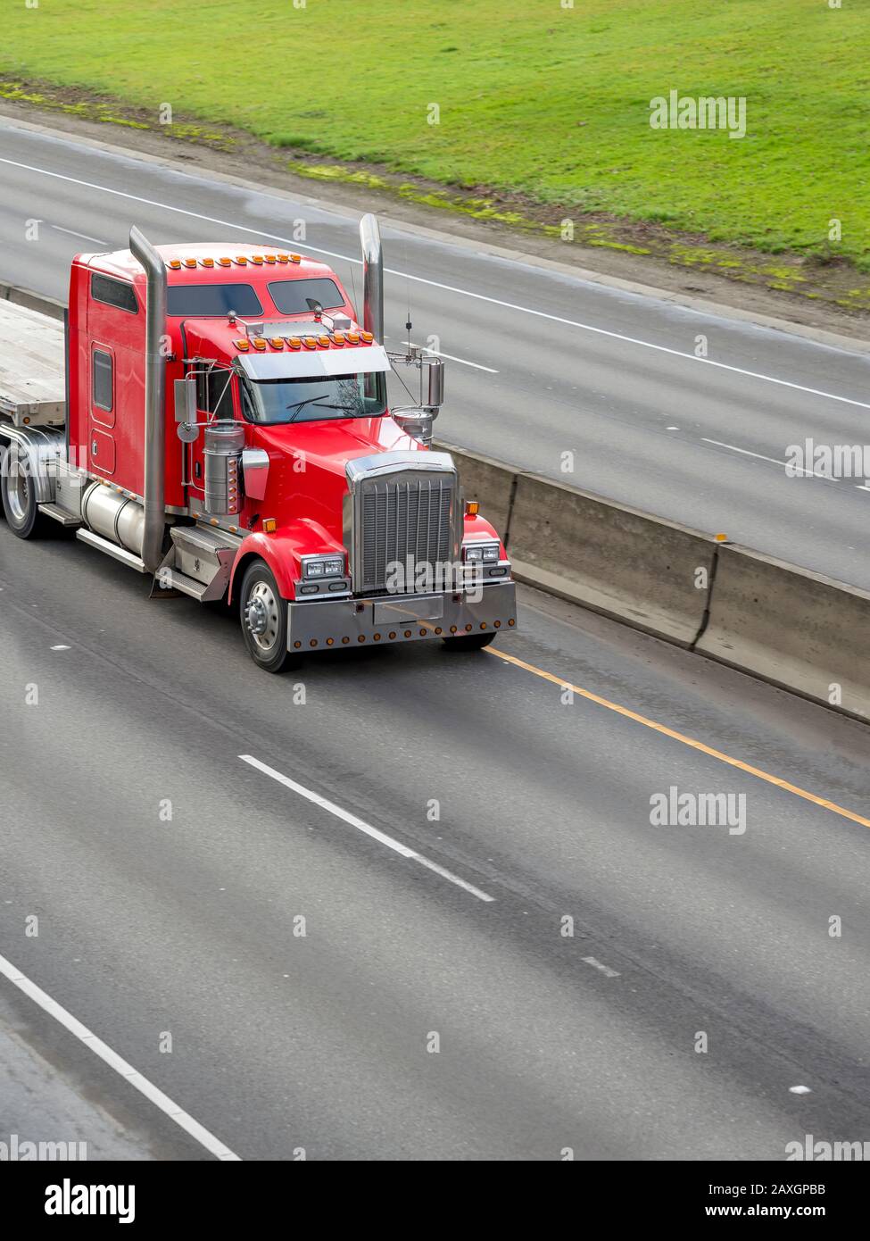 Bright Red Classic Big Rig diesel Semi Truck with windows on the cab ...