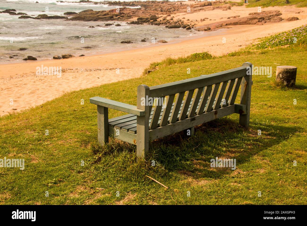 Green wood bench on grass at beach overlooking rocks Stock Photo - Alamy
