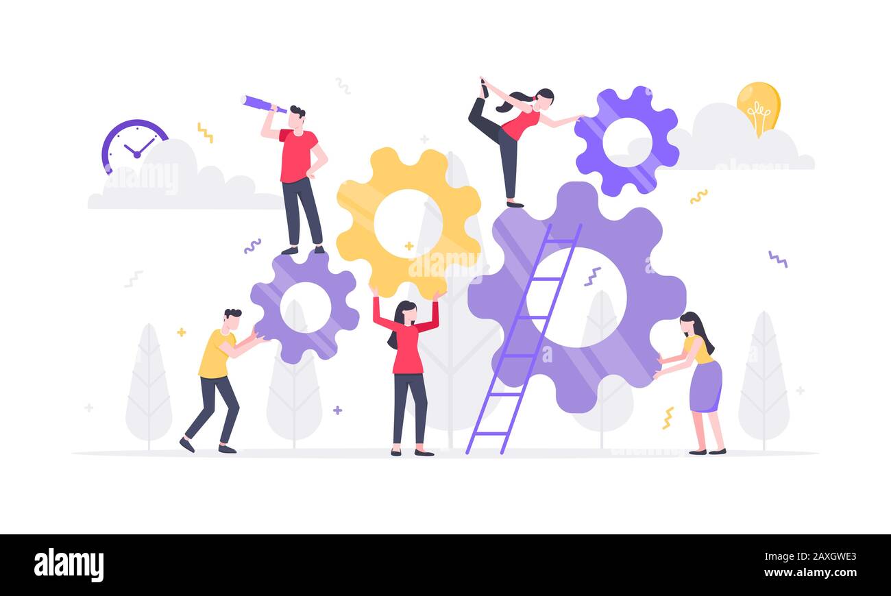 Teamwork concept with tiny people characters working together with big ...