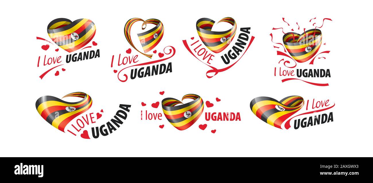 National flag of the Uganda in the shape of a heart and the inscription ...