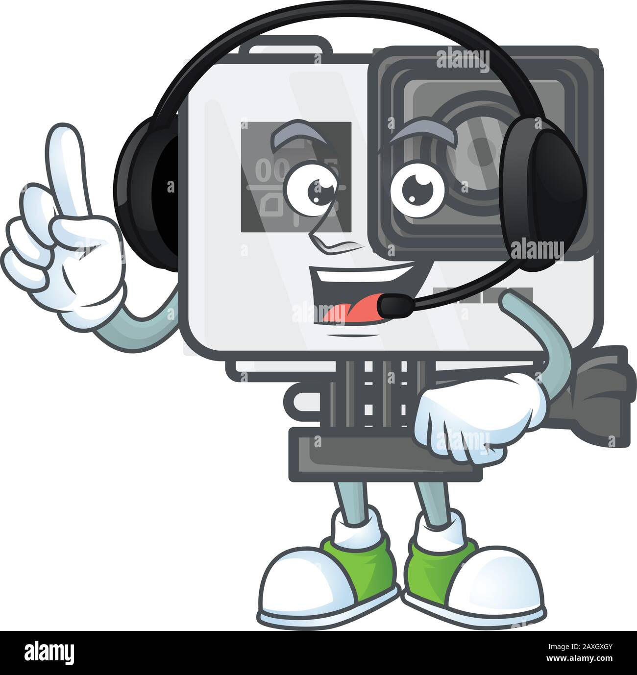 Sweet action camera cartoon character design speaking on a headphone ...