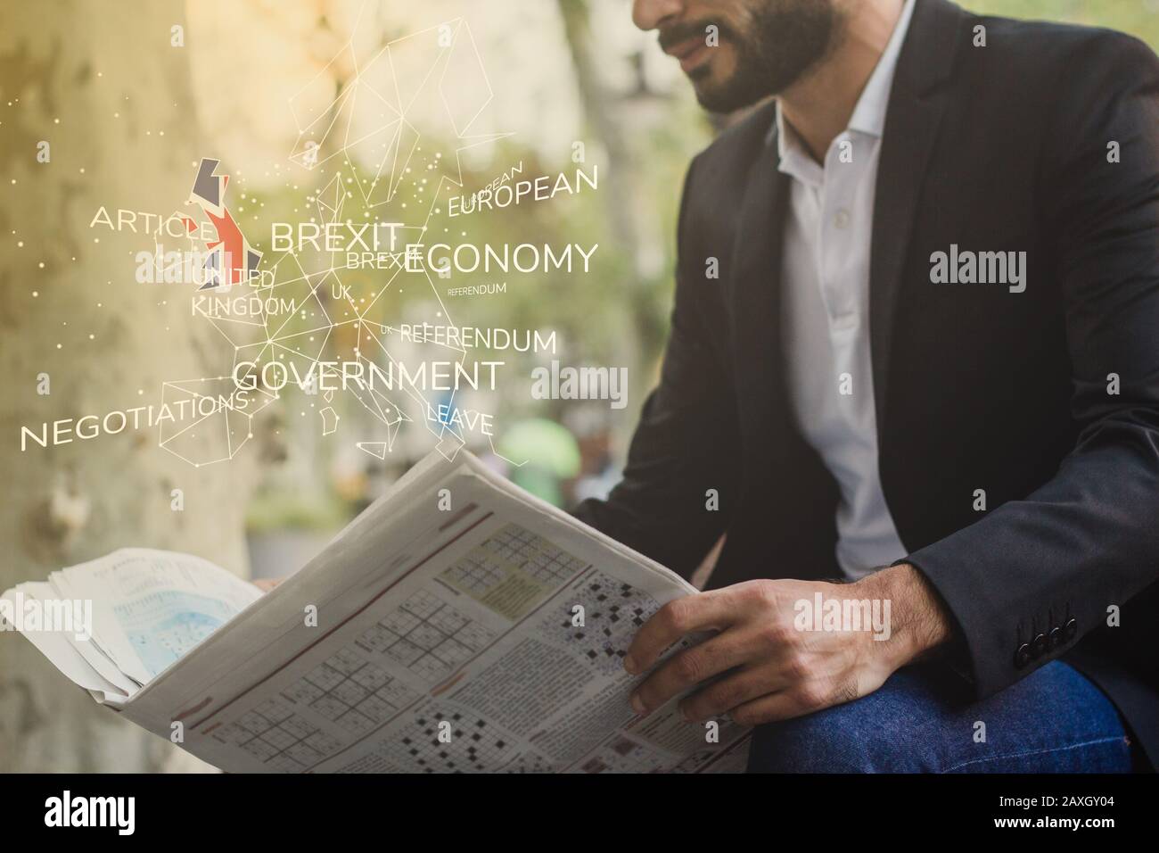 Brexit news. A business man reading a newspaper about UK leaving Europe ...