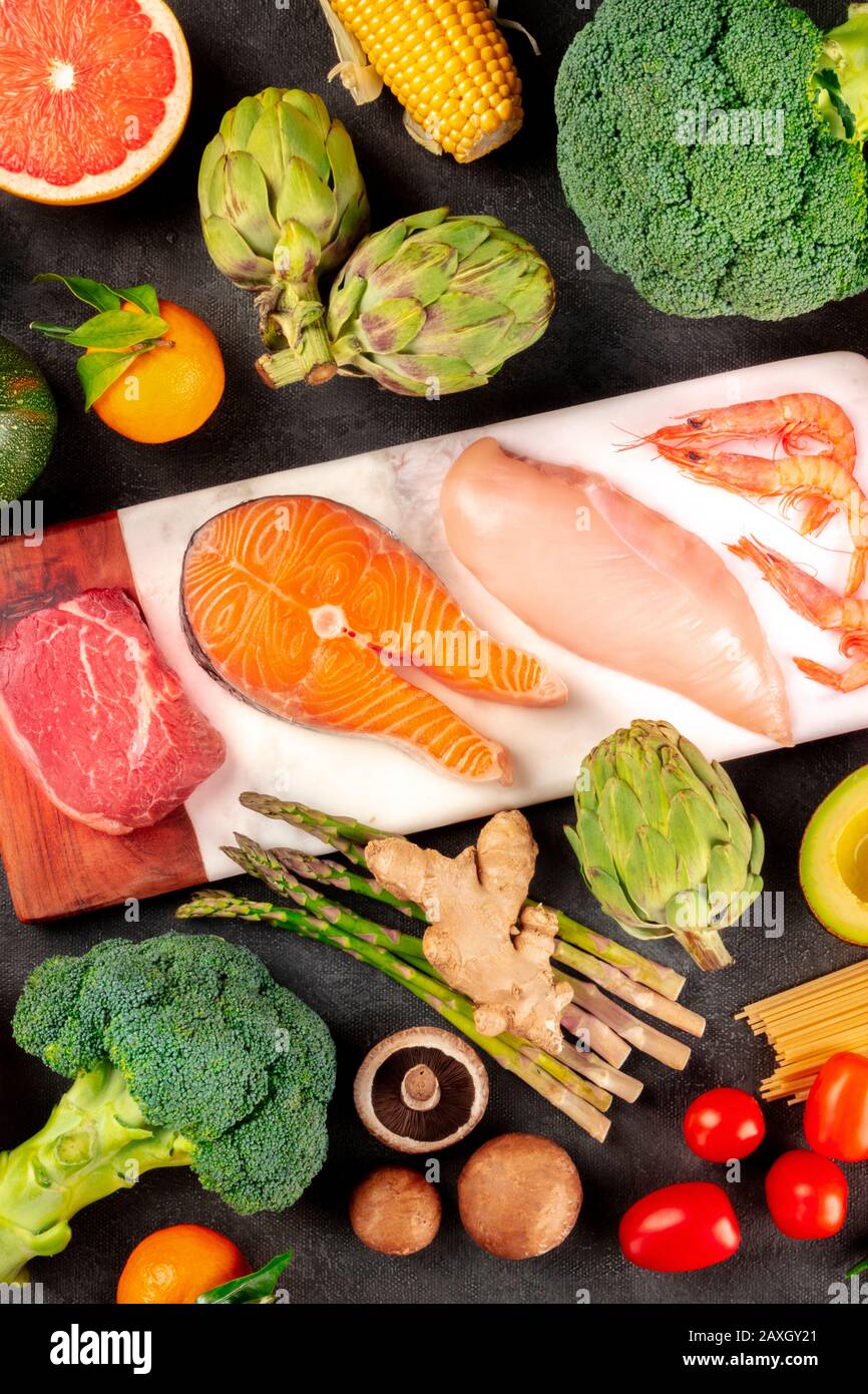 Food flat lay. Meat, fish, poultry and seafood with fruit, vegetables ...