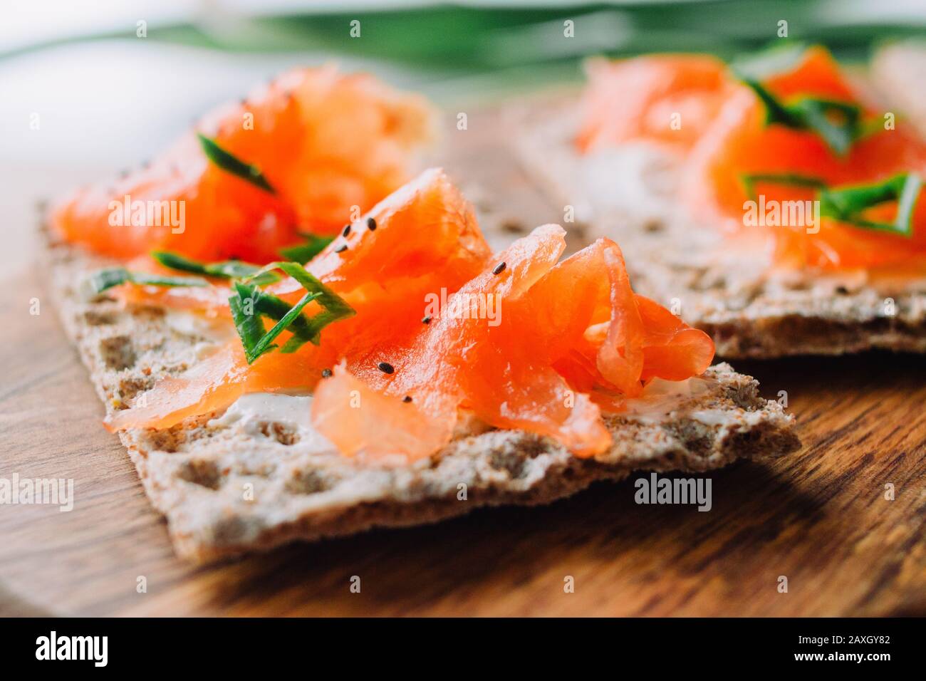 Salmon toast close-up, scandinavian food Stock Photo - Alamy