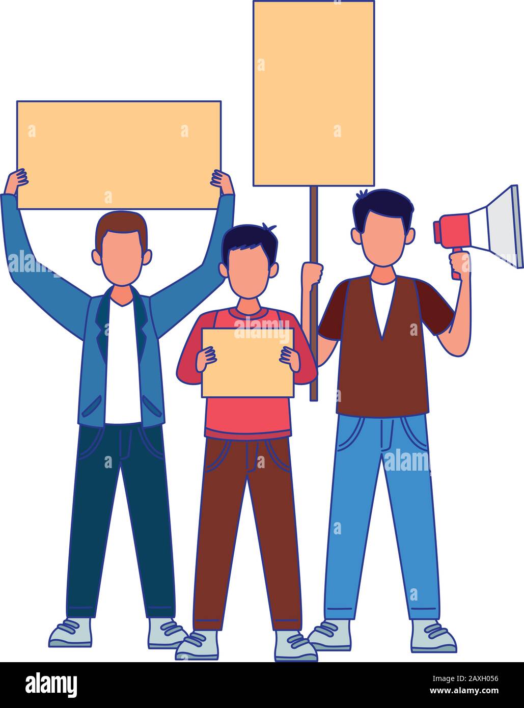 cartoon men standing protestating with blank signs and megaphone ...