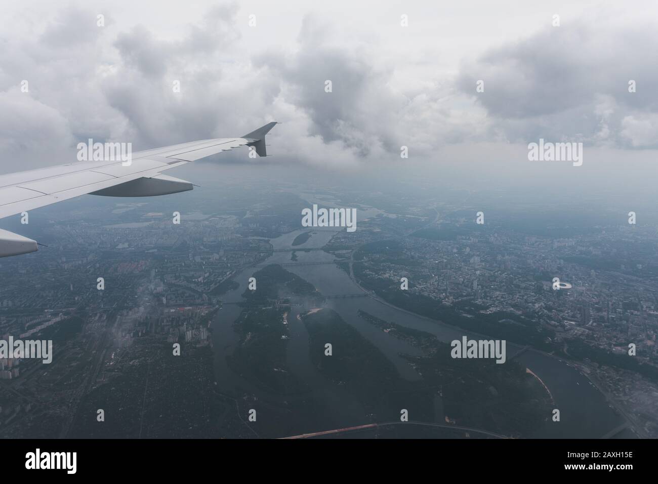 Kiev city with airplane window, Ukraine Stock Photo - Alamy