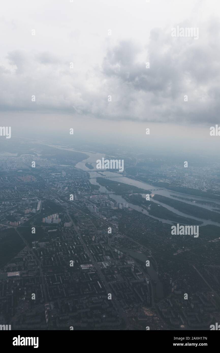 Kiev city with airplane window, Ukraine Stock Photo - Alamy