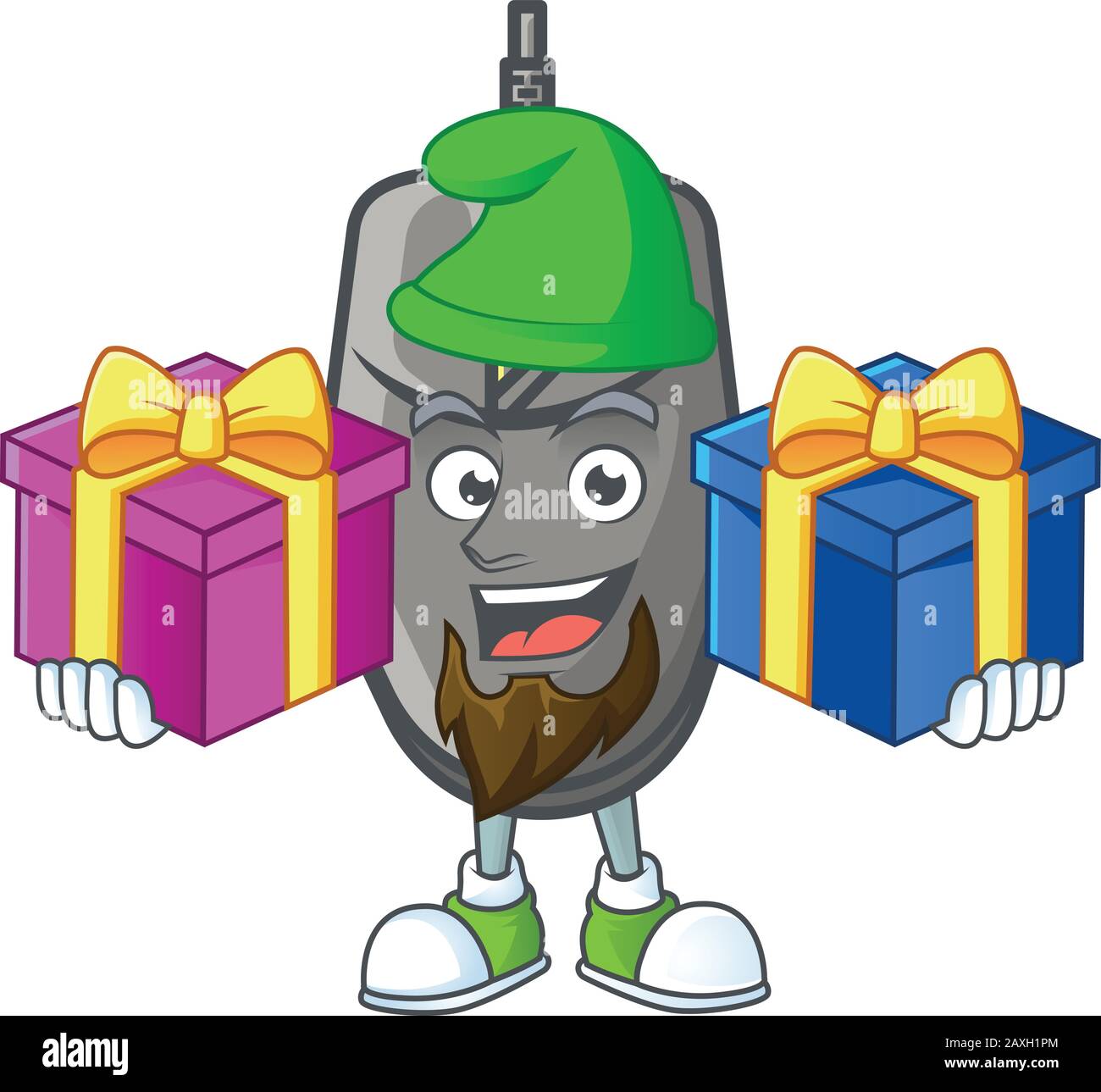 A charming black mouse cartoon mascot style with two boxes of gifts ...
