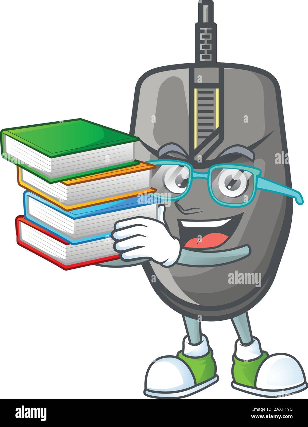 A brainy clever cartoon character of black mouse studying with some ...