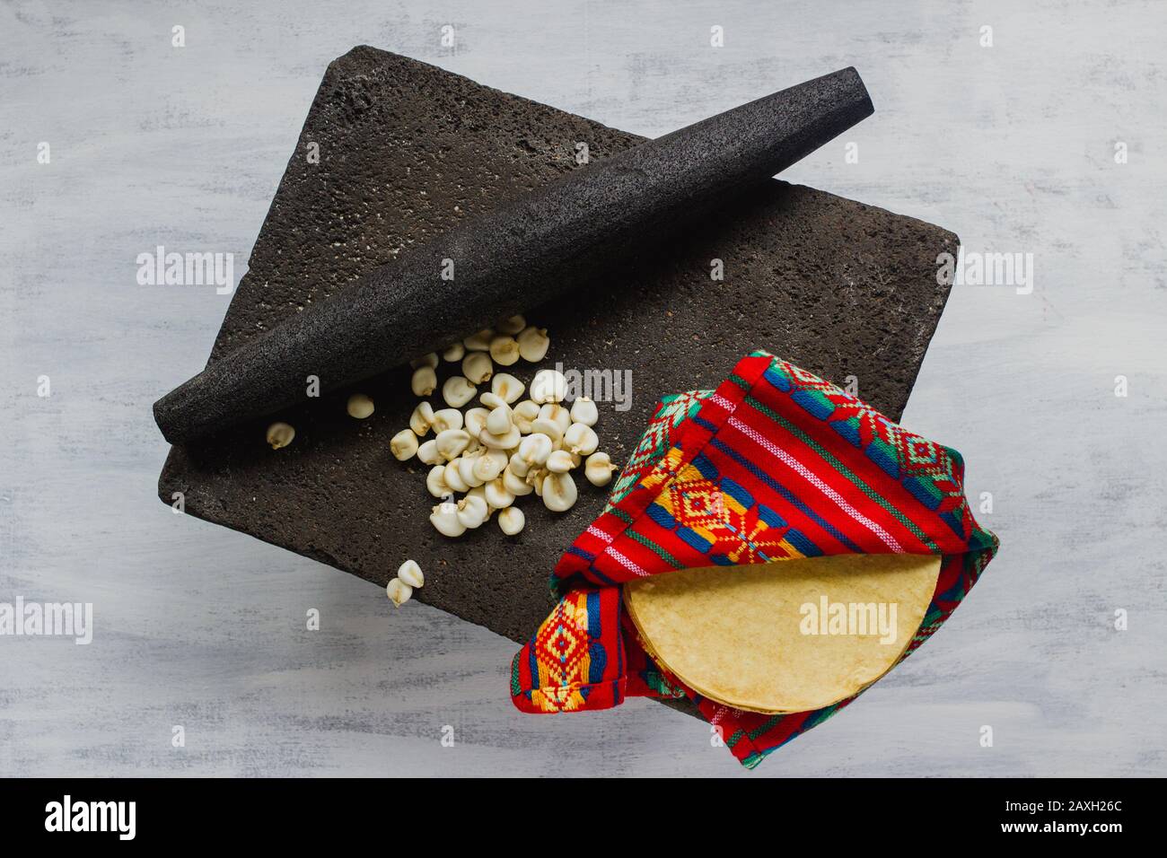 Traditional metate used to make maize flour for tortillas, pre-hispanic ...