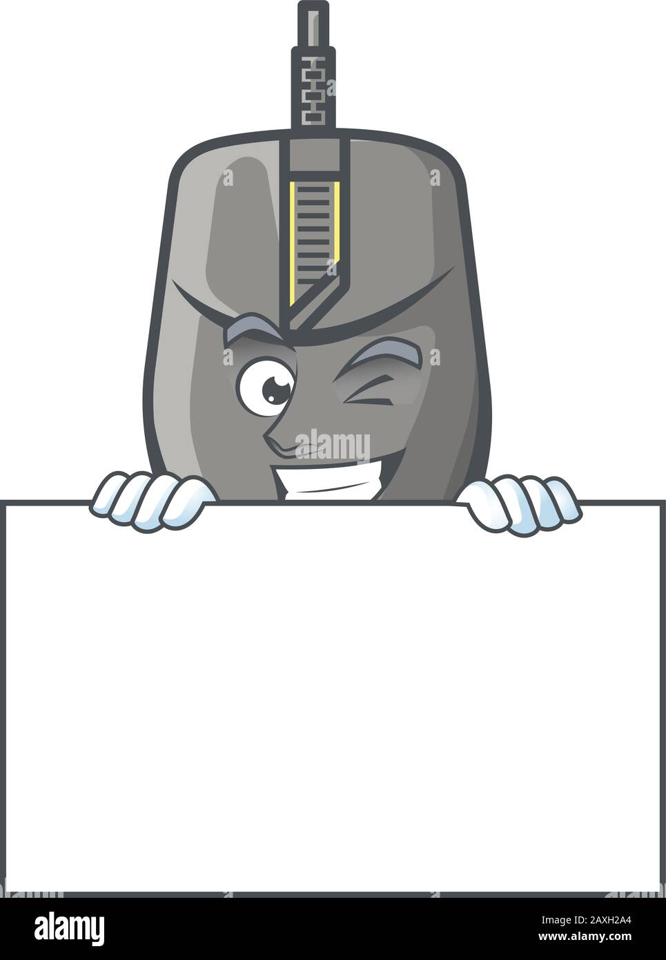 Black mouse cartoon character with funny face hides behind a board ...