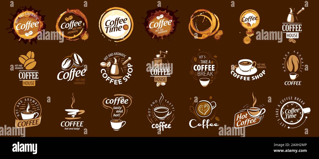 Set of coffee logos. Vector illustration on brown background Stock ...
