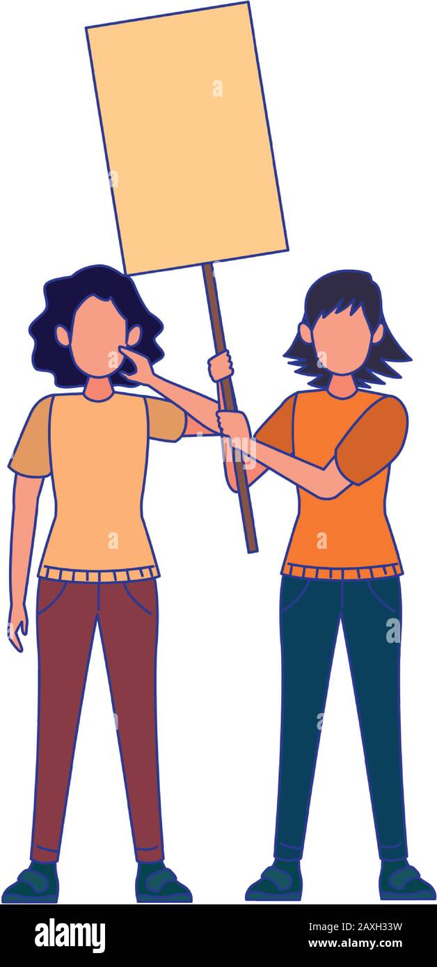 cartoon women standing with blank placard icon, colorful design Stock ...