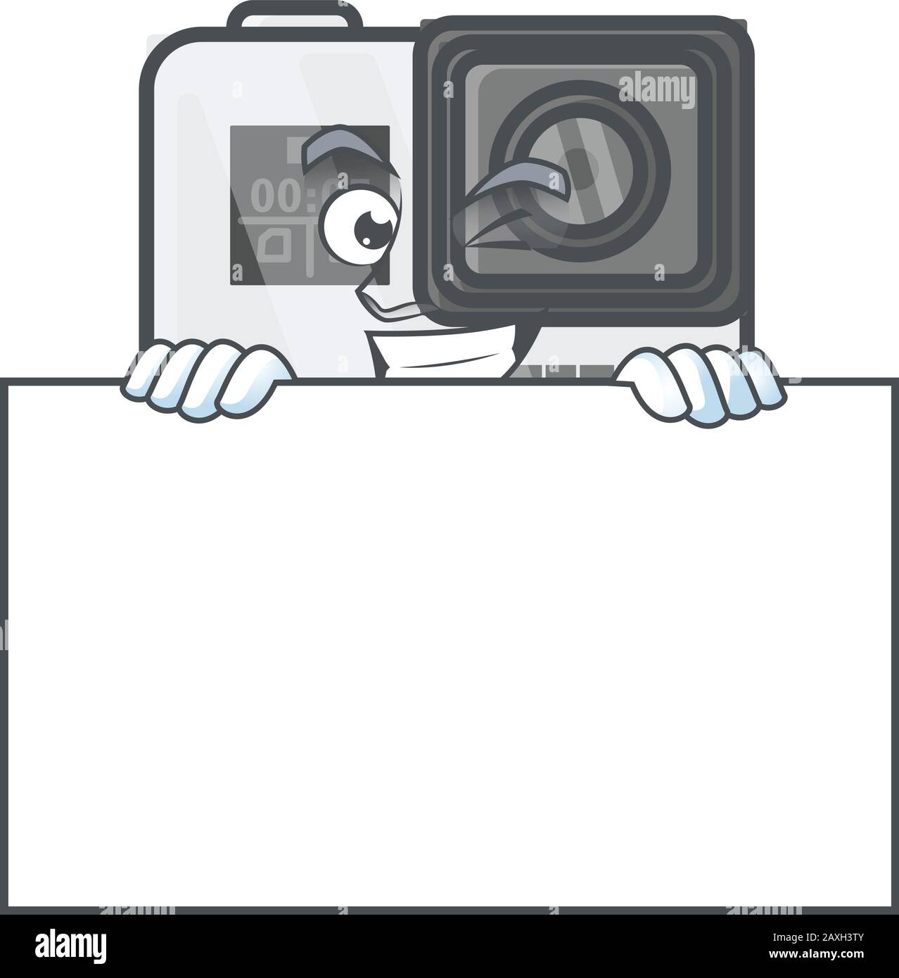 Action camera cartoon character with funny face hides behind a board ...