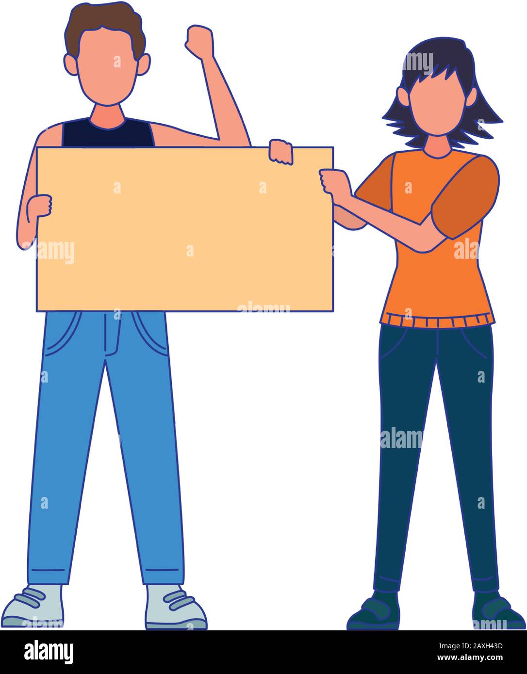 cartoon woman and man standing holding a blank sign, colorful design ...