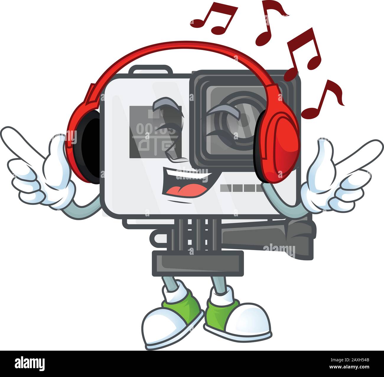 Action camera cartoon character design Listening music on a headset ...