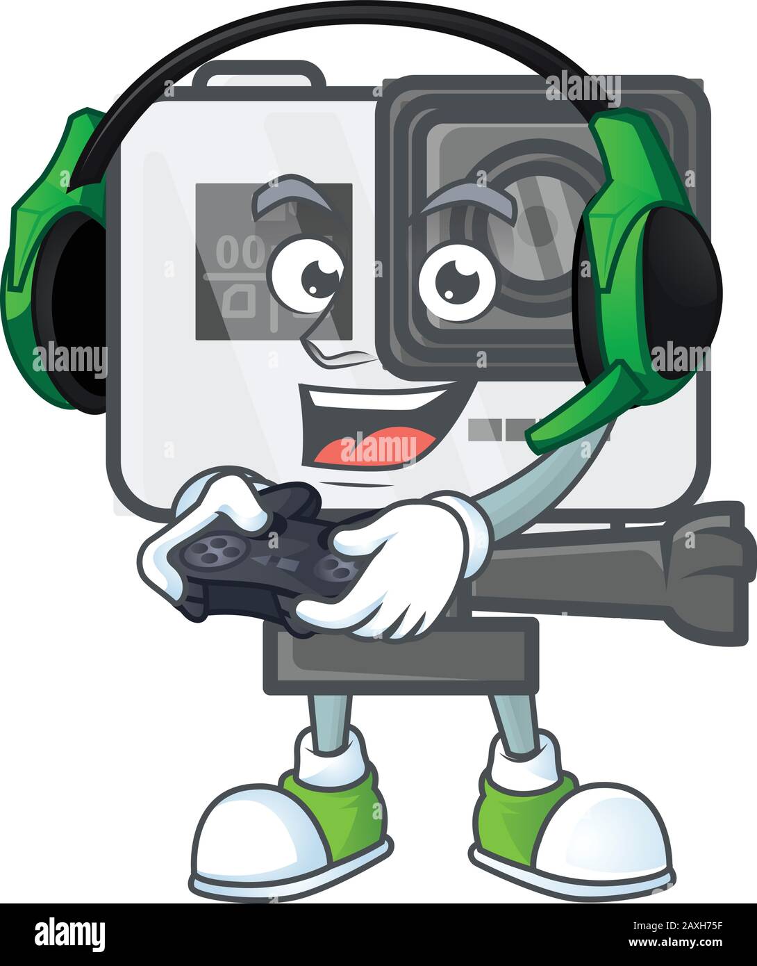 Action camera cartoon picture play a game with headphone and controller ...