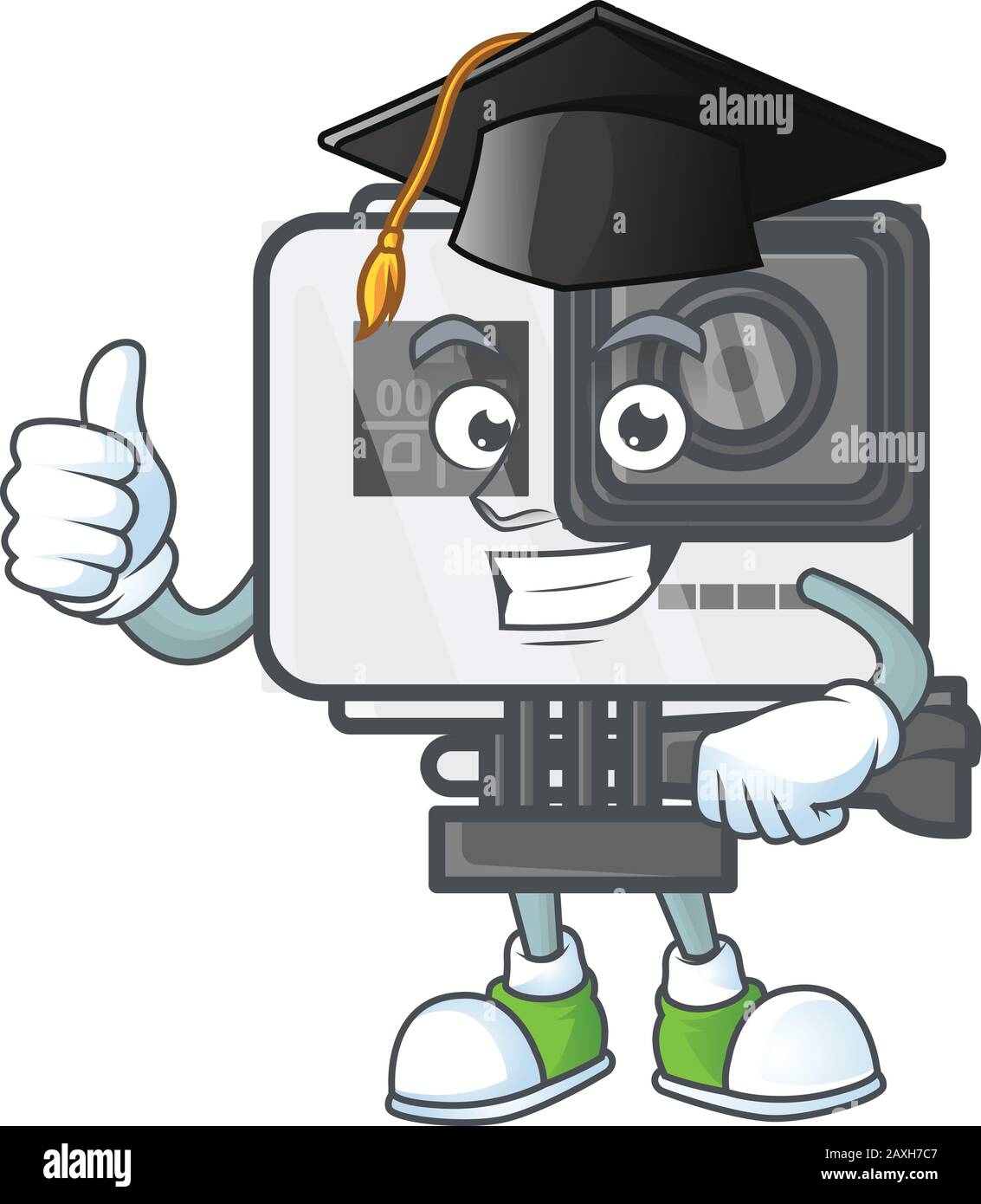 A happy character of action camera in a black Graduation hat Stock ...