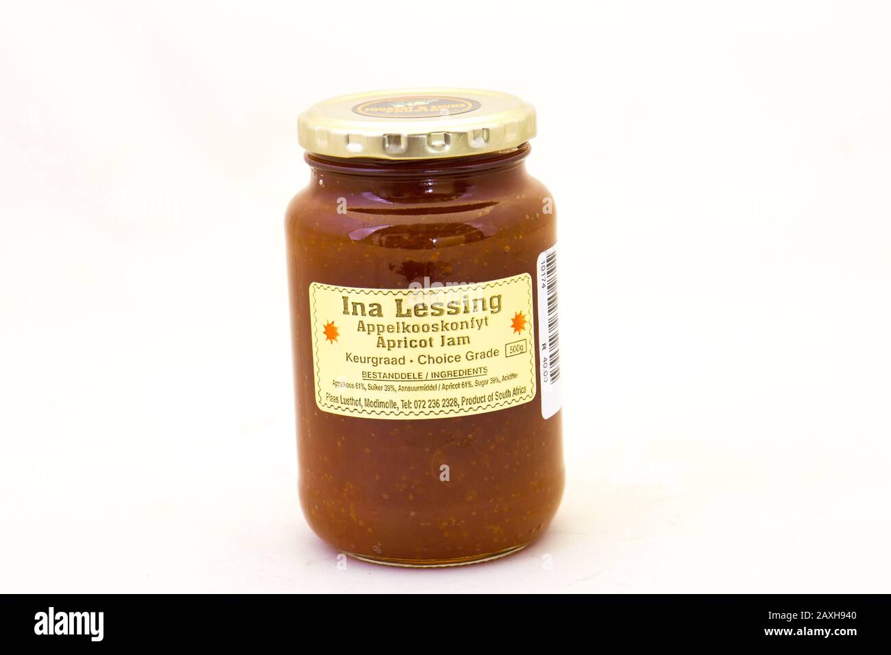 Alberton, South Africa - a jar of Ina Lessing apricot jam isolated on a ...