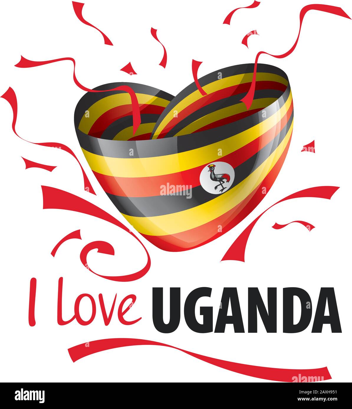 National flag of the Uganda in the shape of a heart and the inscription ...