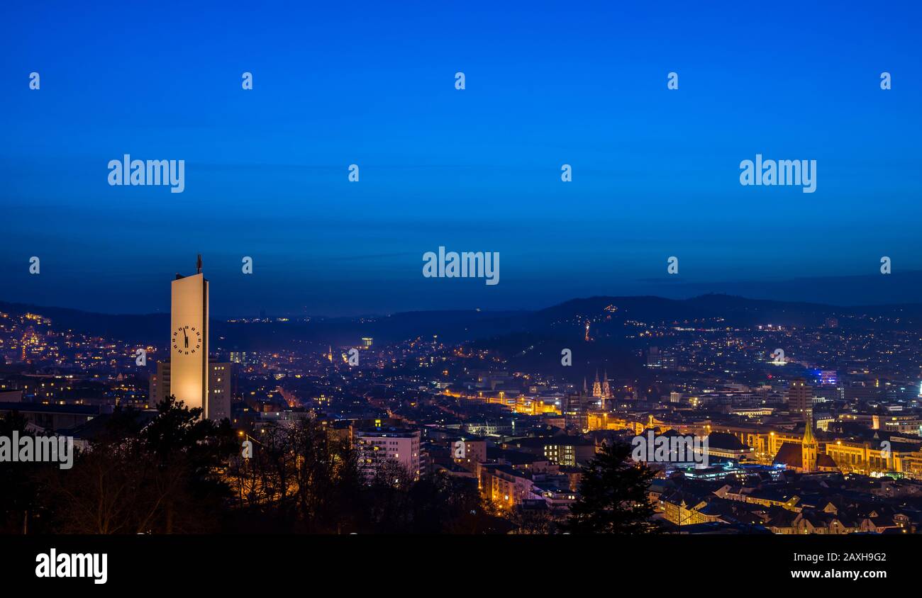 Germany, Stuttgart, Blue night sky over skyline of houses of stuttgart ...
