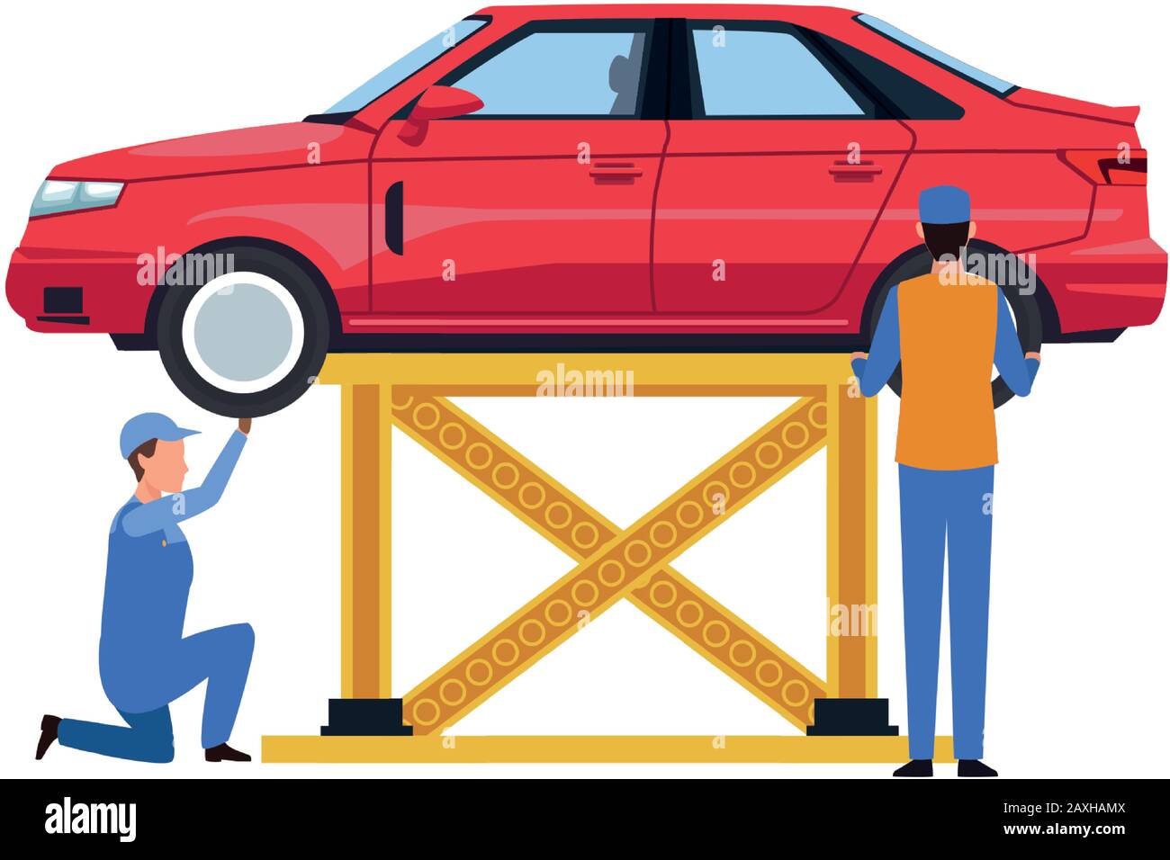 car mechanics under a car fixing, colorful design Stock Vector Image ...