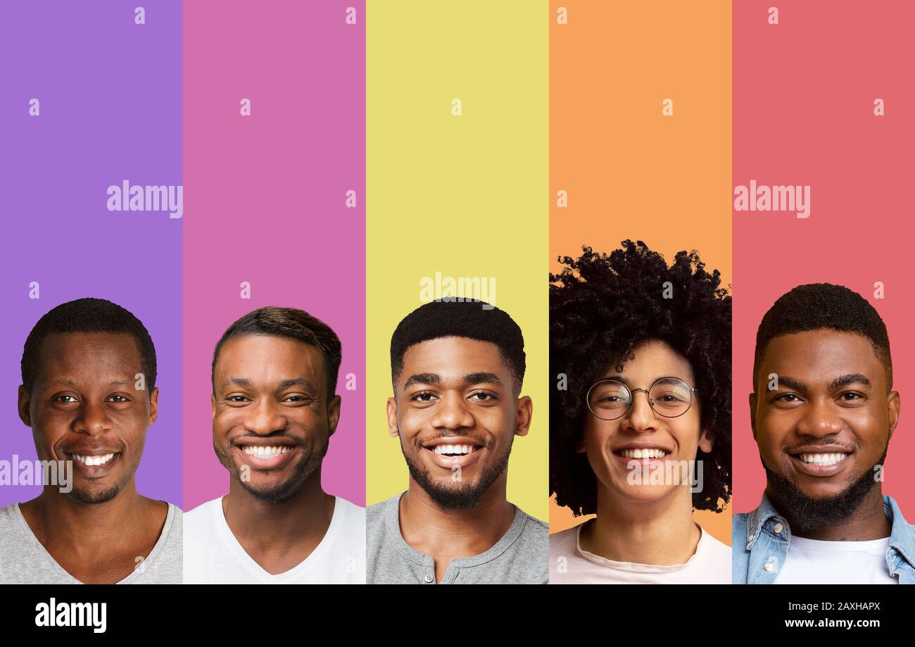 Collage of afro handsome guys over colorful backgrounds Stock Photo - Alamy