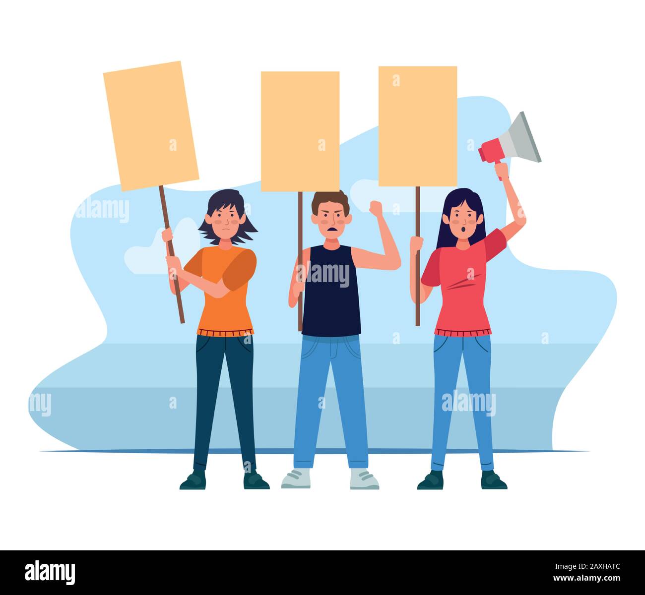 cartoon women and man standing holding a blank signs and megaphone ...