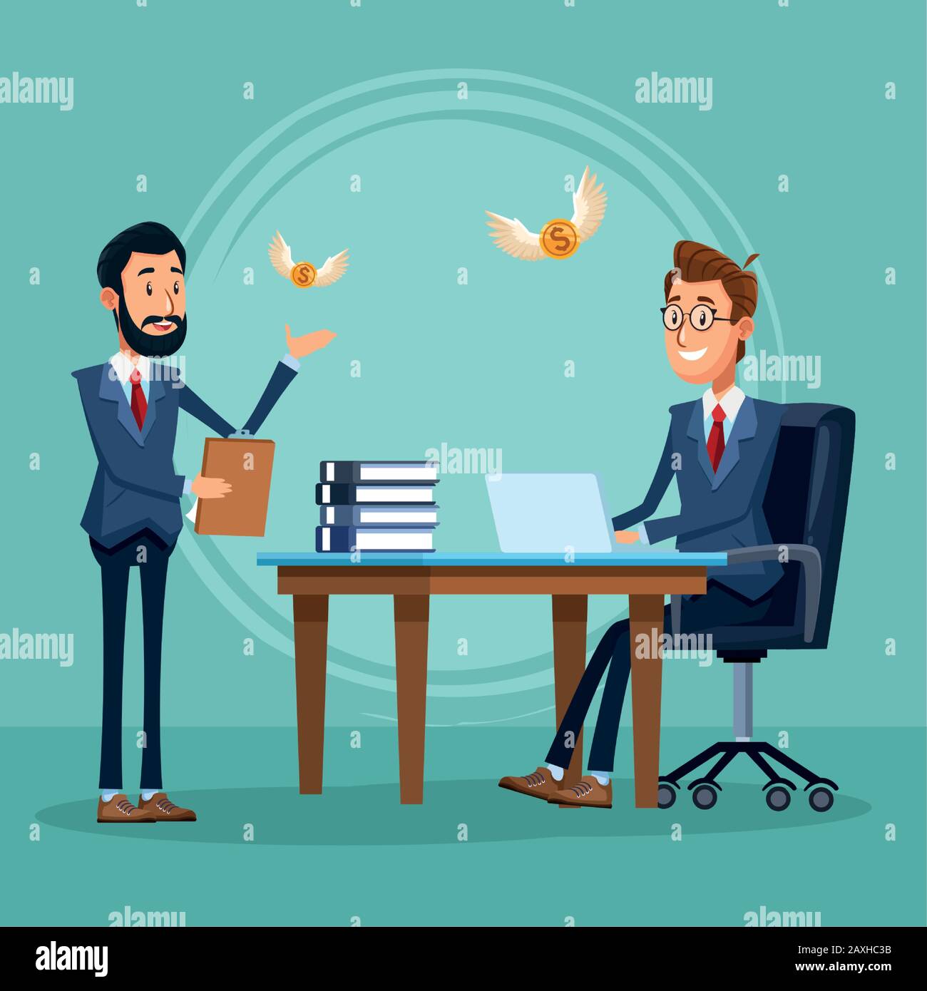 cartoon businessman standing and businessman working at office desk ...