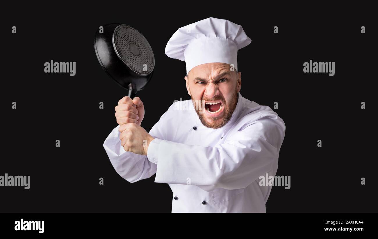 Furious Chef Man Holding Frying Pan Shouting, Black Background ...