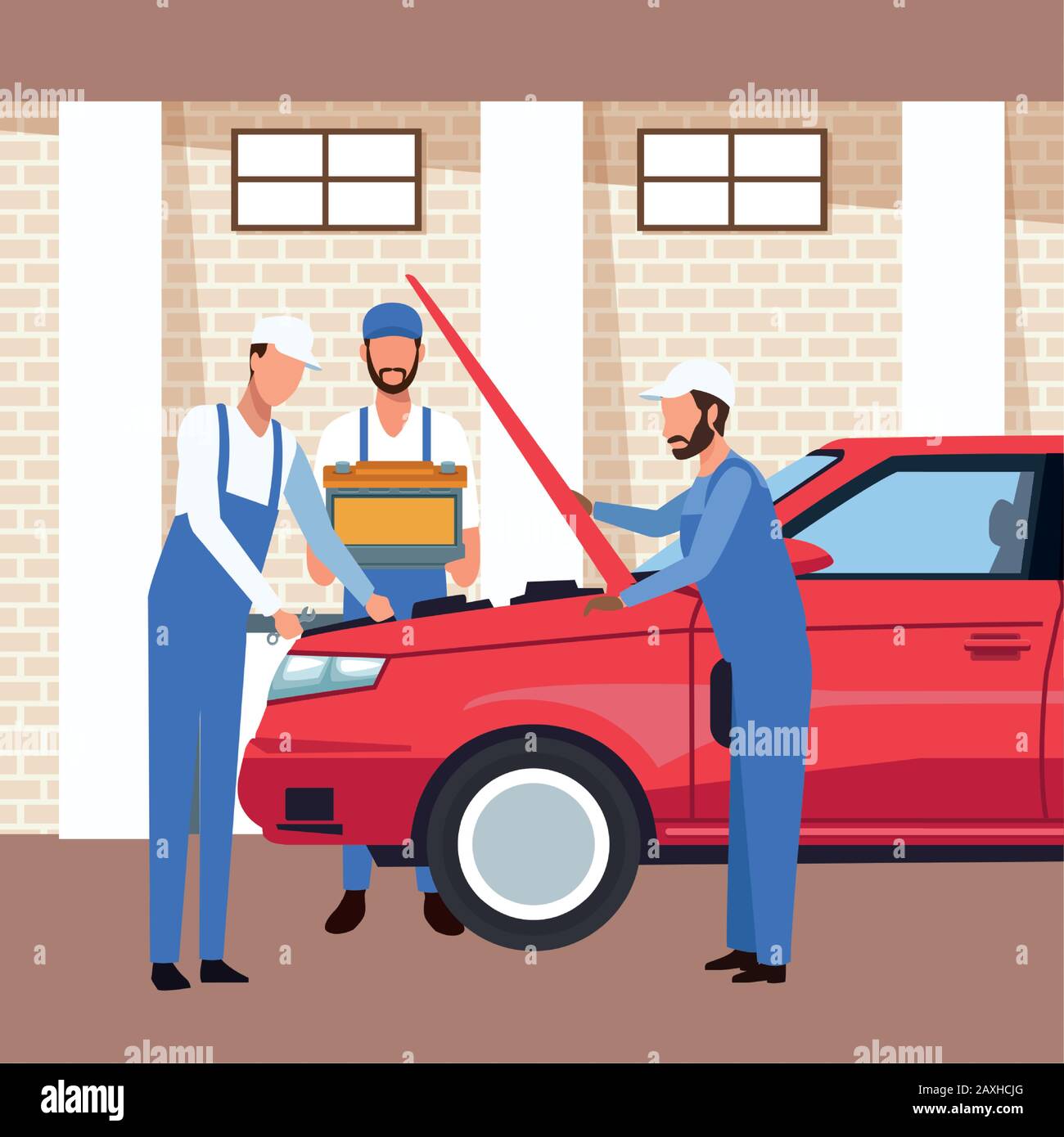 car workshop scenery with car and mechanics repairing it, colorful ...