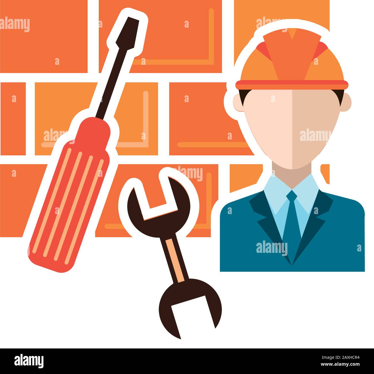 bricks wall construction with engineer and tools detailed Stock Vector ...
