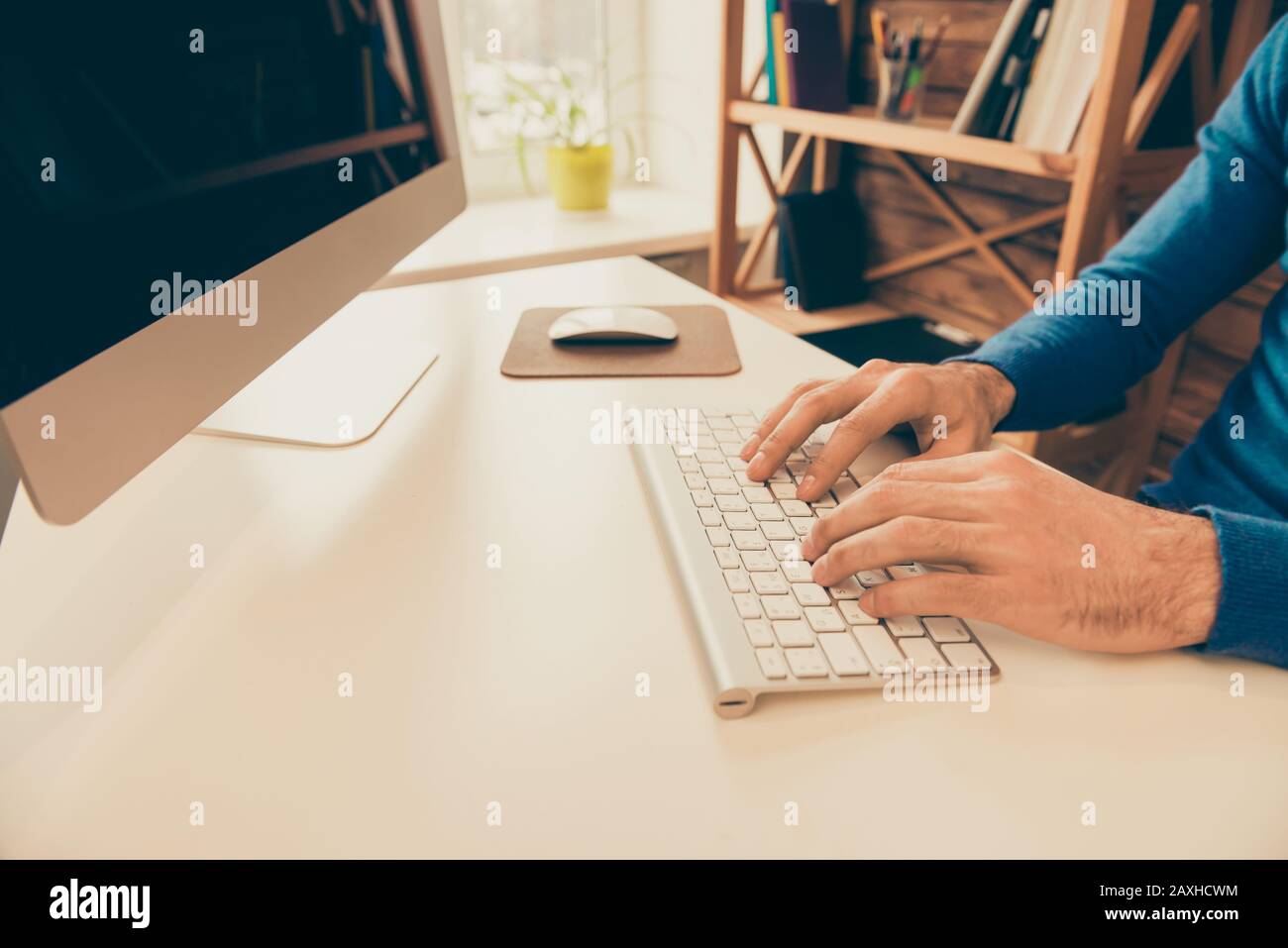 Close up photo of businessman working with pc and typing on keyboard ...