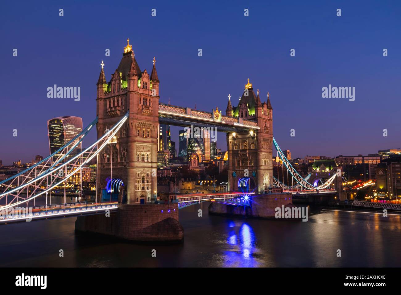 England, London, Tower Bridge at Night and City of London Skyline Stock ...