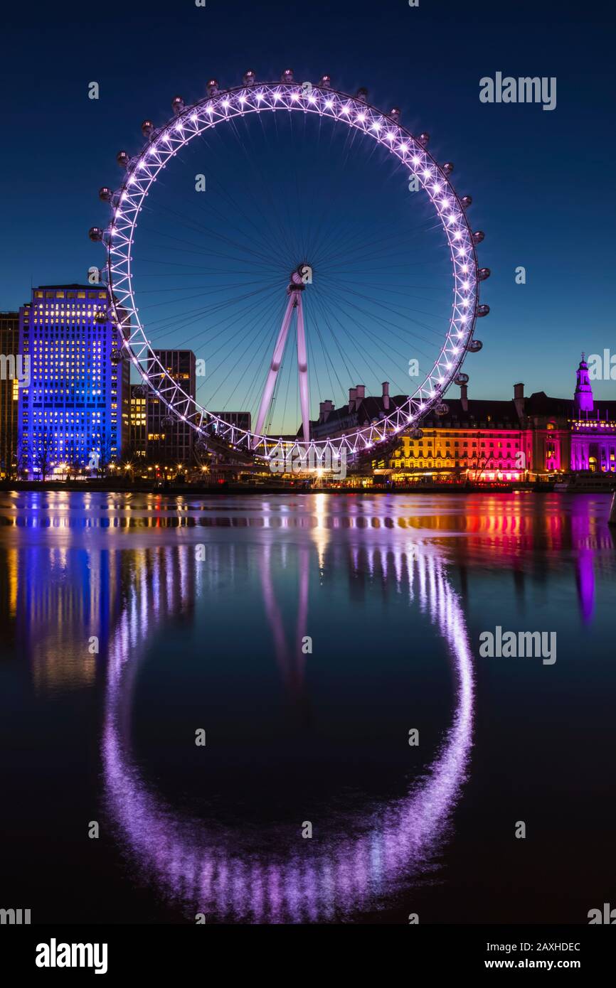 England, London, London Eye and County Hall Building at Night Stock ...