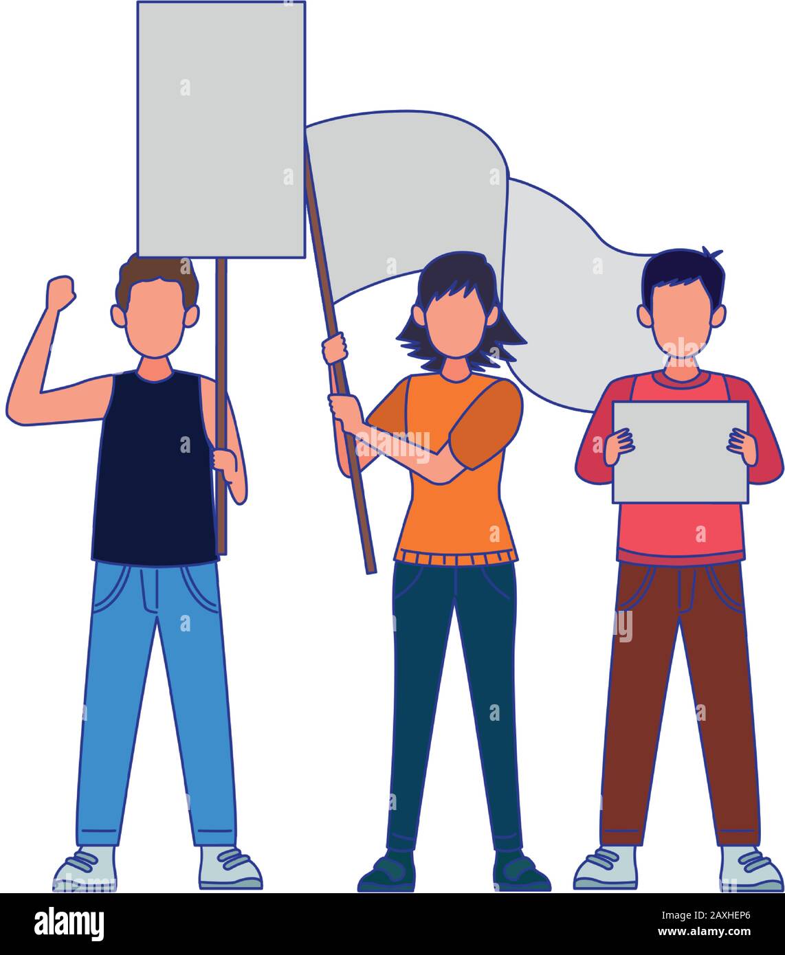 cartoon men and woman protestating standing, colorful design Stock ...