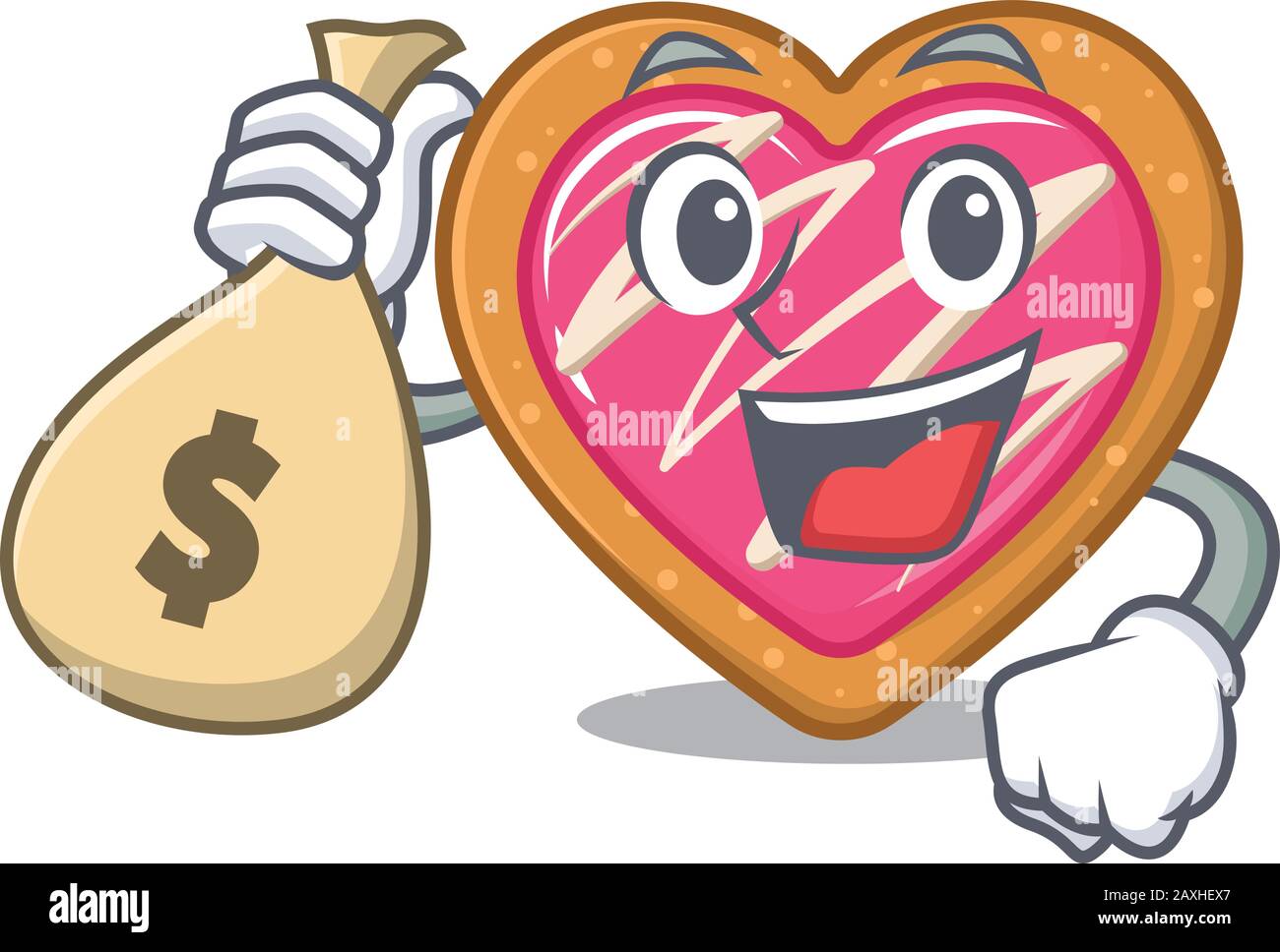 Rich and famous cookie heart cartoon character holding money bag Stock ...