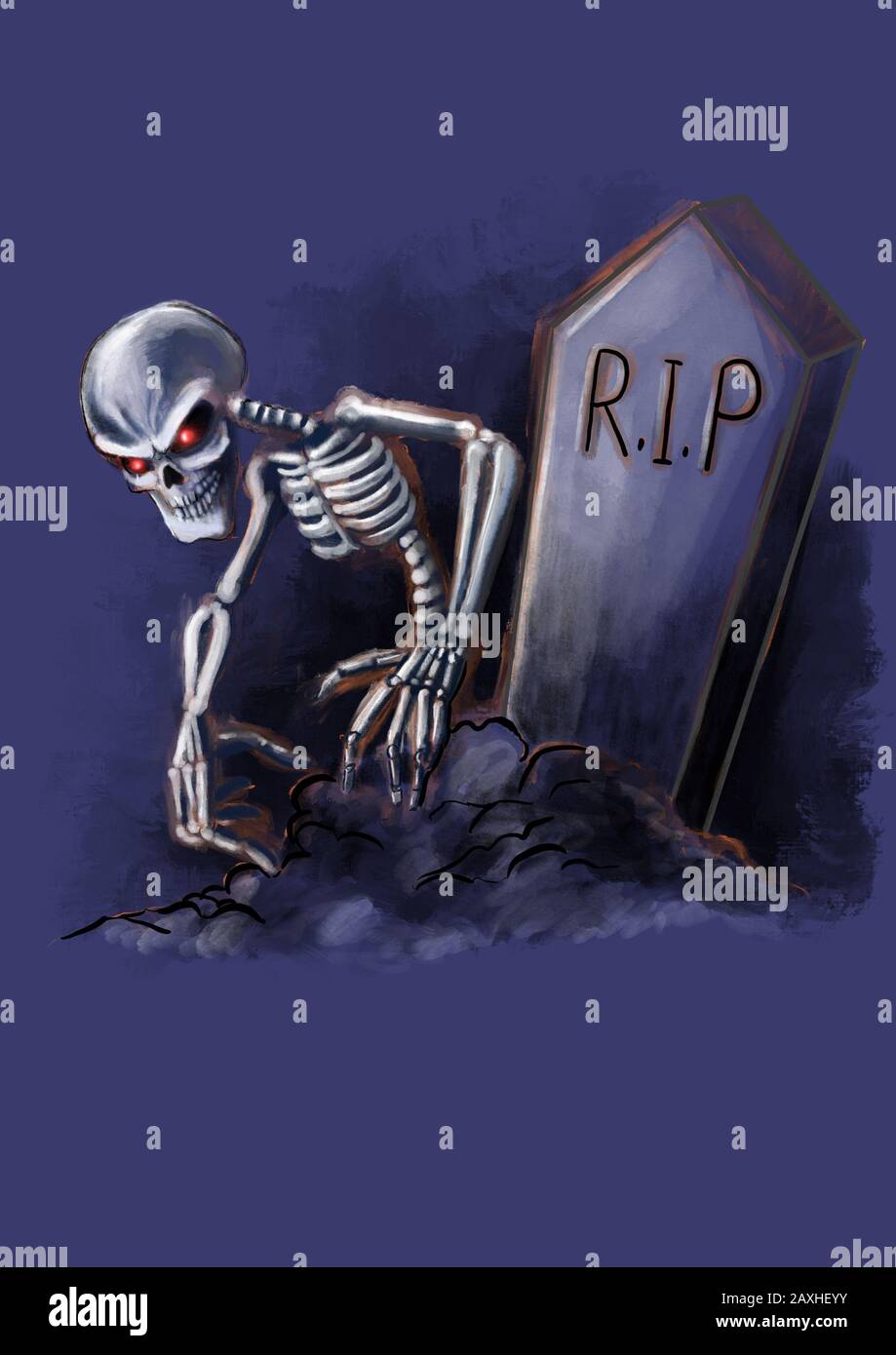 a skeleton rising from its grave halloween or horror illustration Stock ...