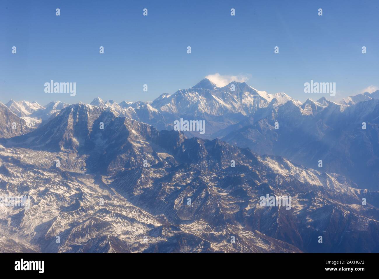 Himalayas ridge with Mount Everest on aerial view from Nepal country ...