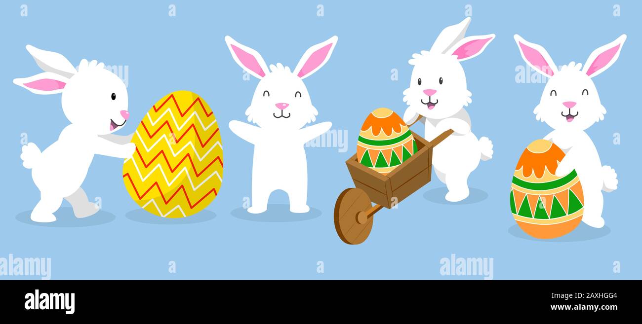 Cute White Easter Bunny Collection on blue background - Flat Vector ...