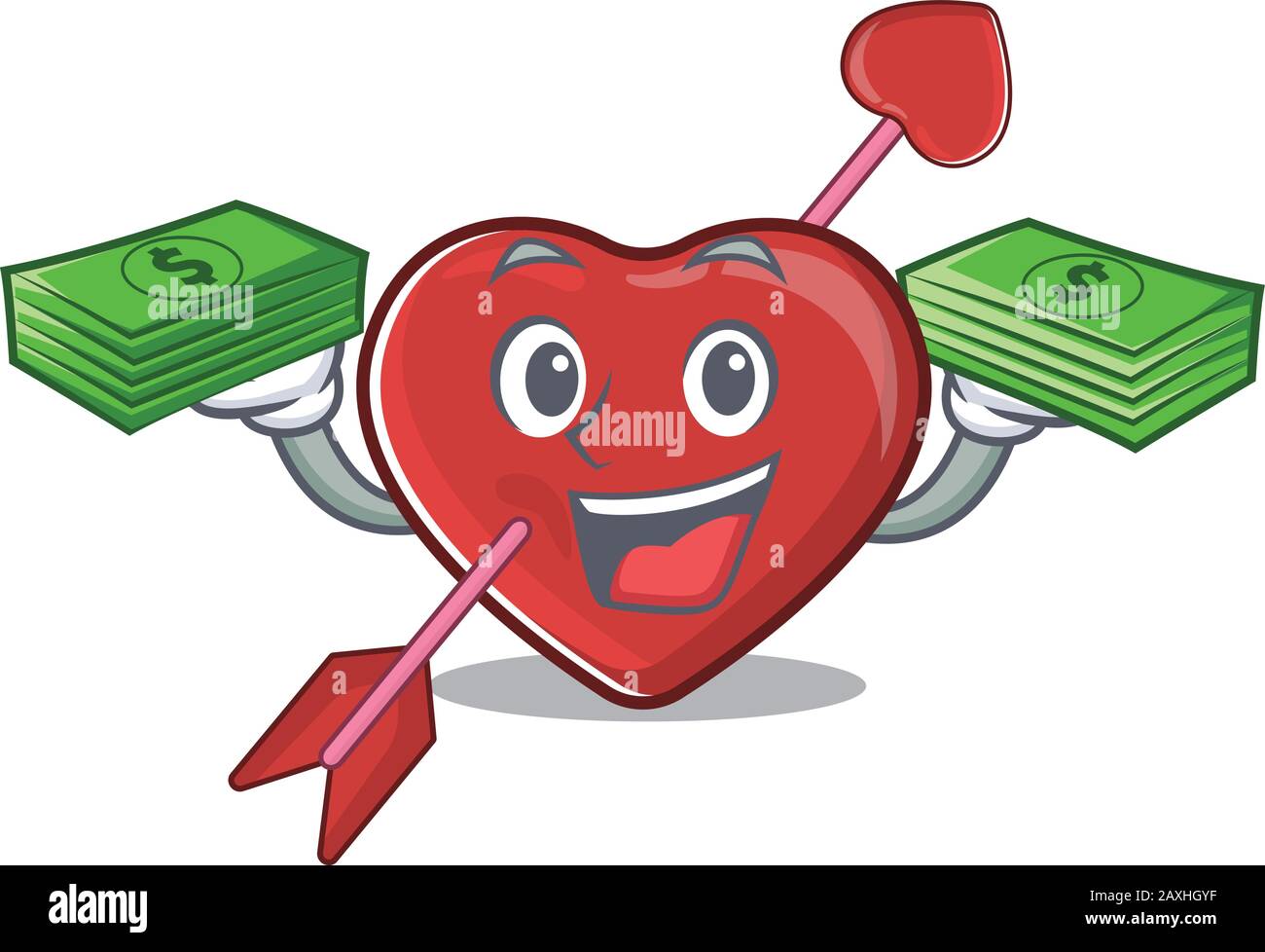 cool rich heart and arrow character having money on hands Stock Vector ...