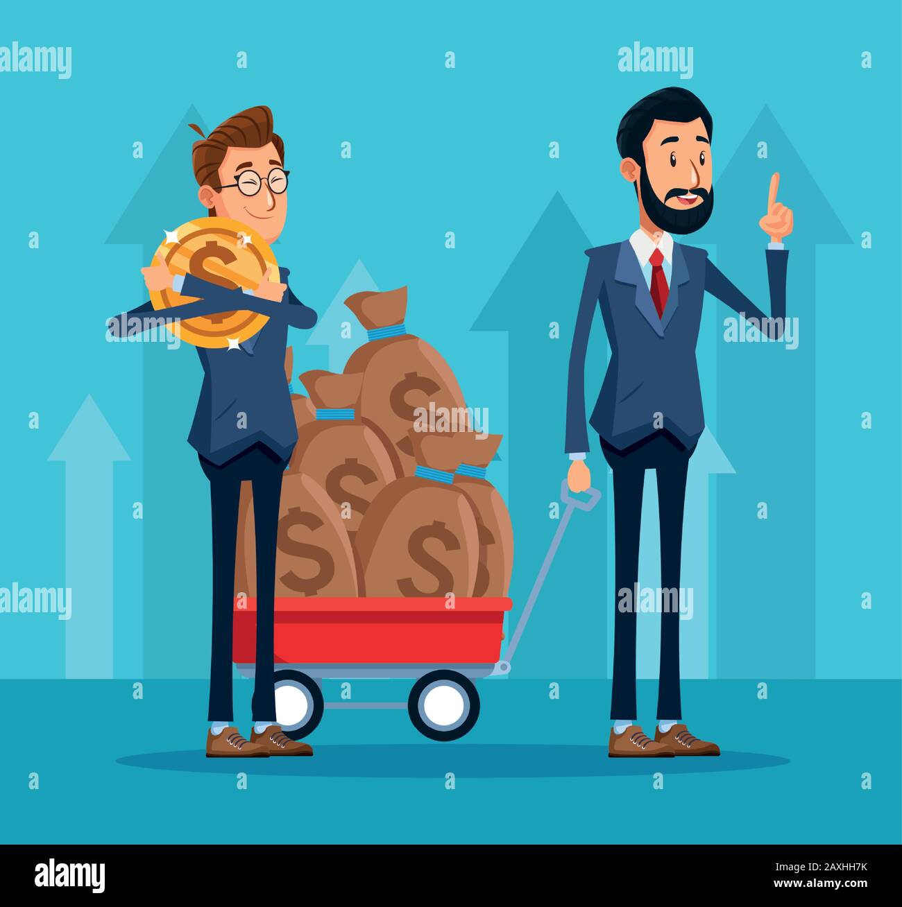 cartoon businessman hugging a money coin and businessman with trolley ...
