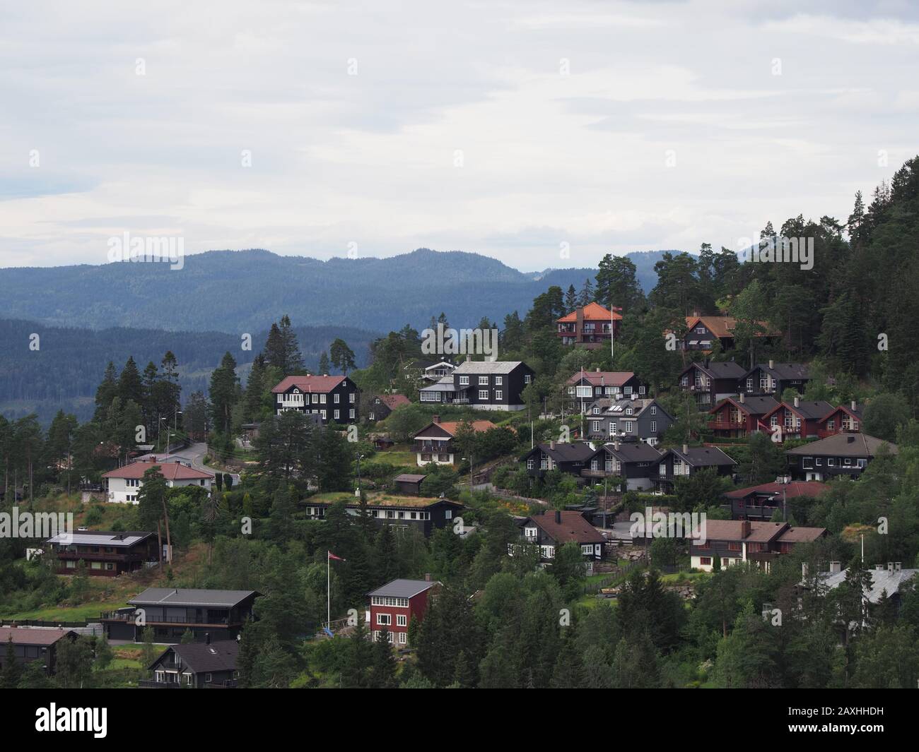 Mountains range landscape of fjord near european Oslo town in ...