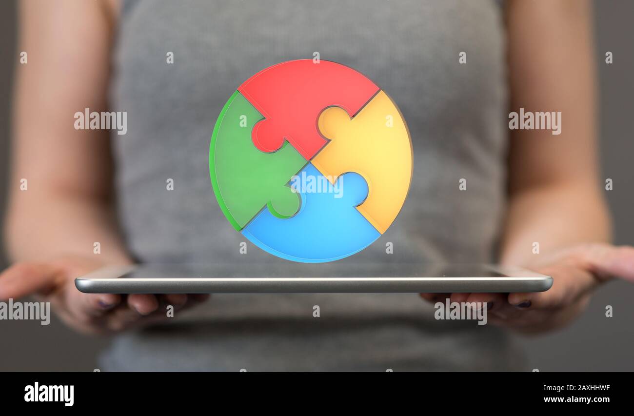 Person presenting a virtual projection of a pie chart for a business ...