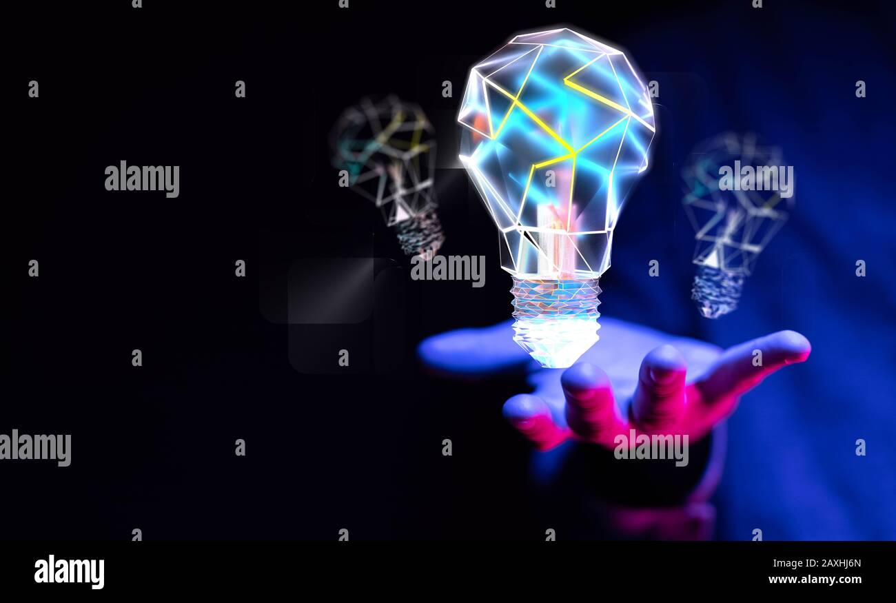 Person presenting a virtual projection of creative idea lamps ...