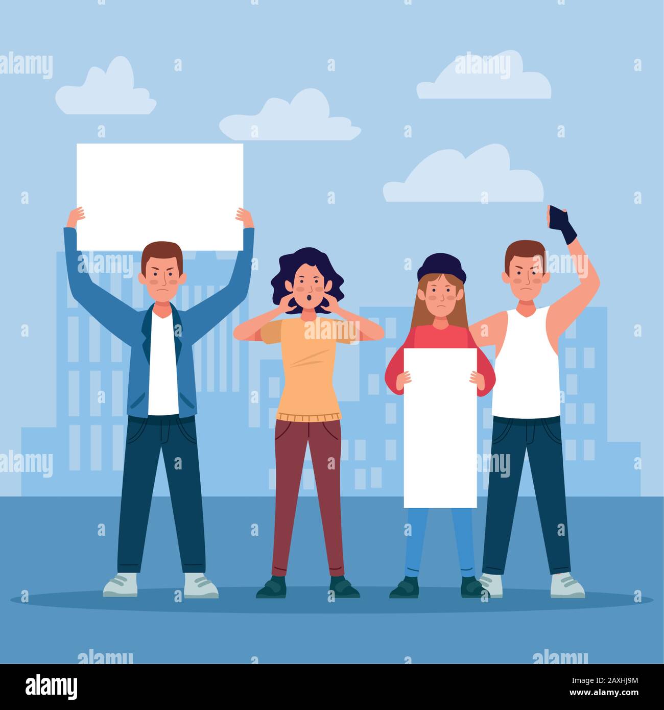 cartoon young people standing protestating holding blank over urban ...