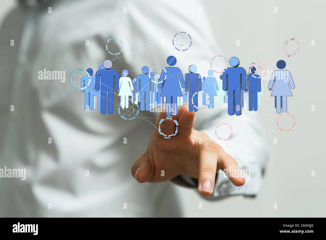 Human hand presenting the digital projection of people network Stock ...