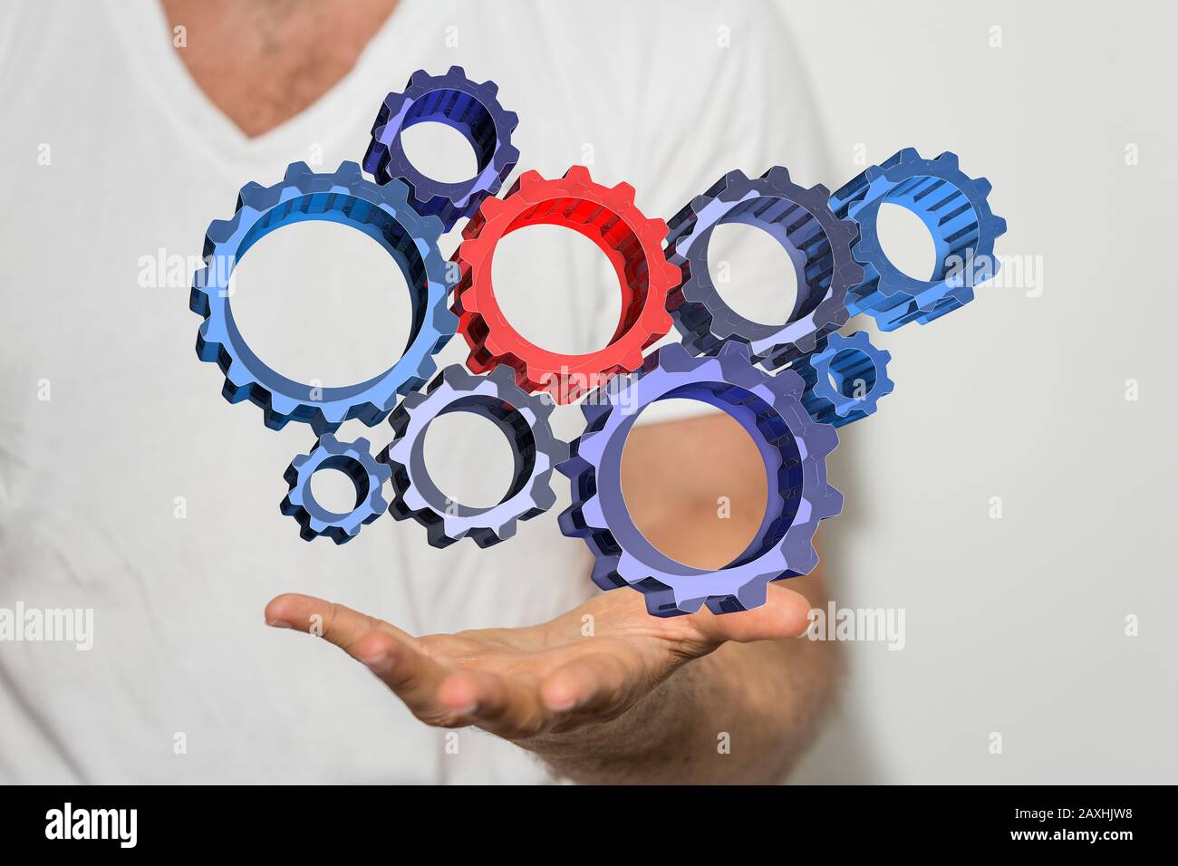 Person presenting the digital projection of engineering gears Stock ...